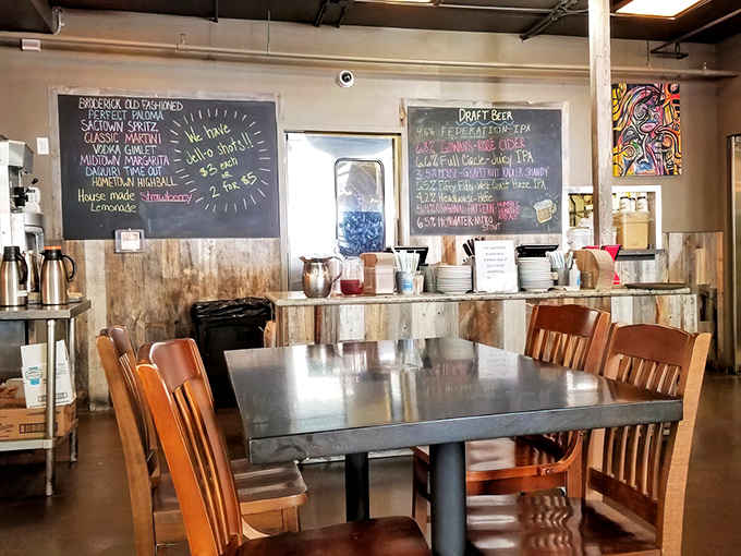 Chalkboard menus and wooden accents create that perfect "discovered gem" atmosphere. Edison bulbs not included, but definitely present.