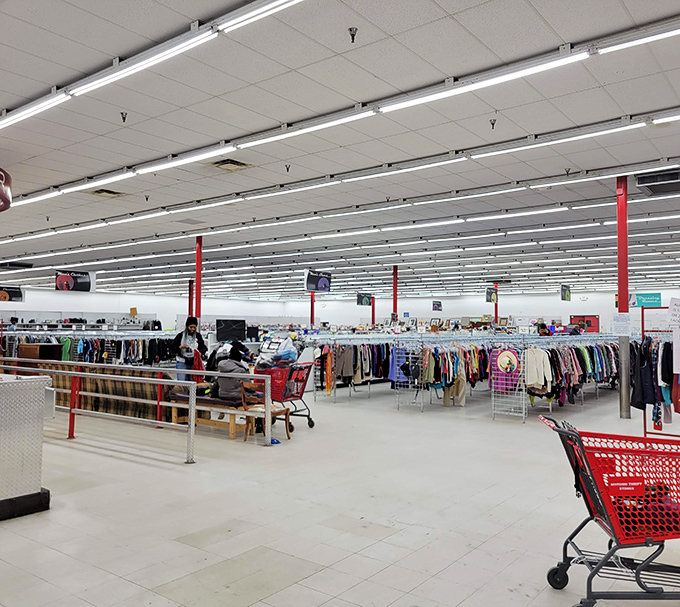 Endless racks stretch like a fashion highway, promising adventure around every hanger-filled corner ahead.