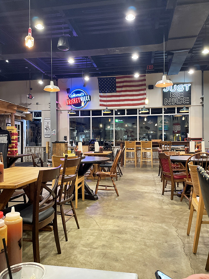 Inside, the "Just Be Nice" neon sign isn't just decor&mdash;it's completely unnecessary when the aroma of smoked meats has already put everyone in a good mood.