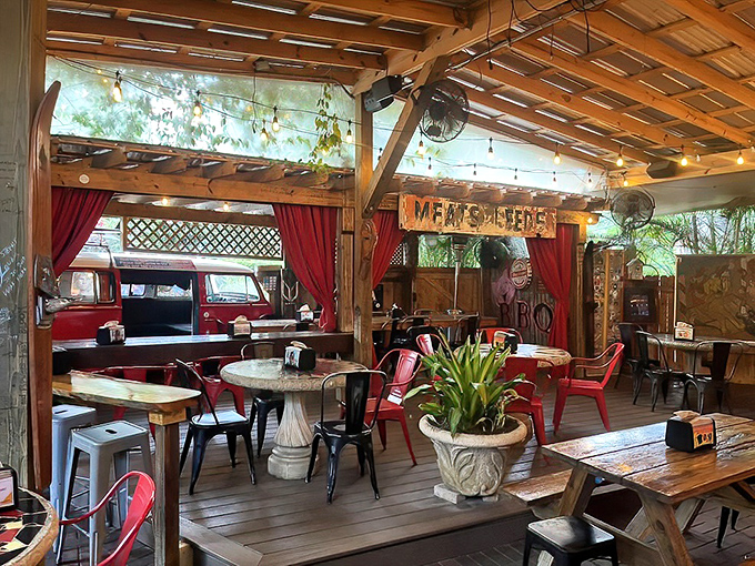 Wooden beams, string lights, and an old truck create the perfect backdrop for barbecue memories. Comfort never looked so cool.
