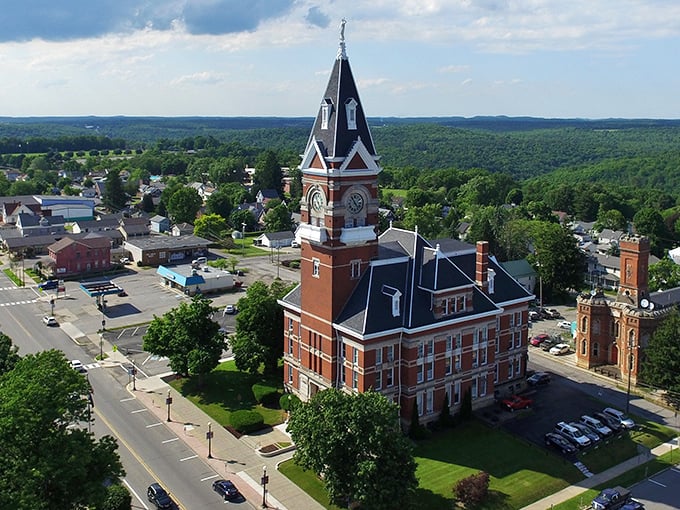 A bird's eye view reveals what GPS can't – Clarion is an architectural gem nestled in a lush green quilt of Pennsylvania countryside.