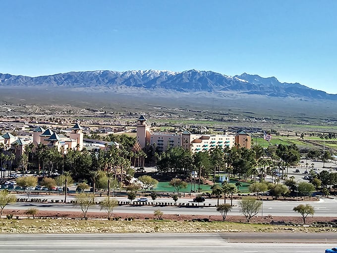 Road construction never looked so good with those Virgin Mountains standing guard in the background like nature's own security detail.