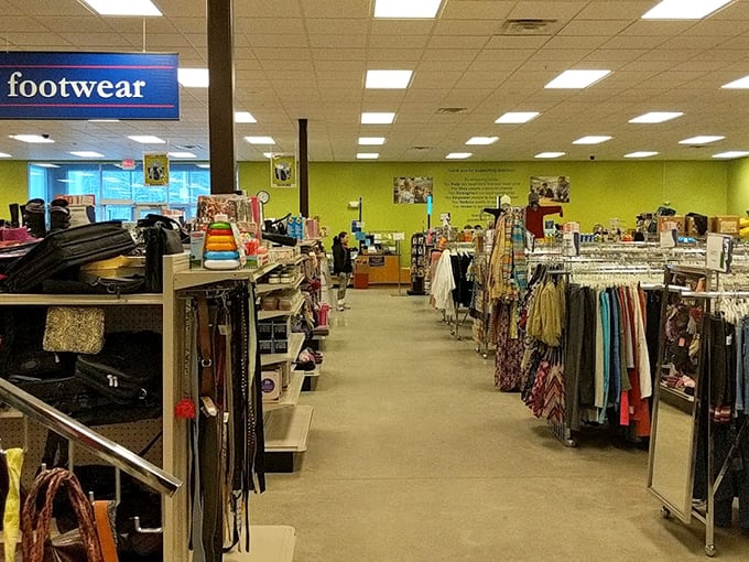 Wide, well-organized aisles invite exploration, with the "footwear" sign pointing the way to your next favorite pair of barely-worn shoes.