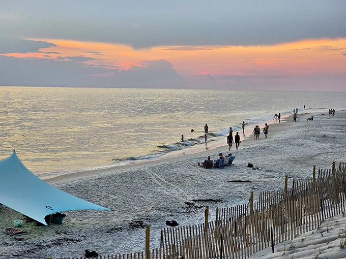 Sunset transforms ordinary beachgoers into silhouettes in a masterpiece. The Gulf's golden hour draws everyone to the water's edge for nature's nightly show.