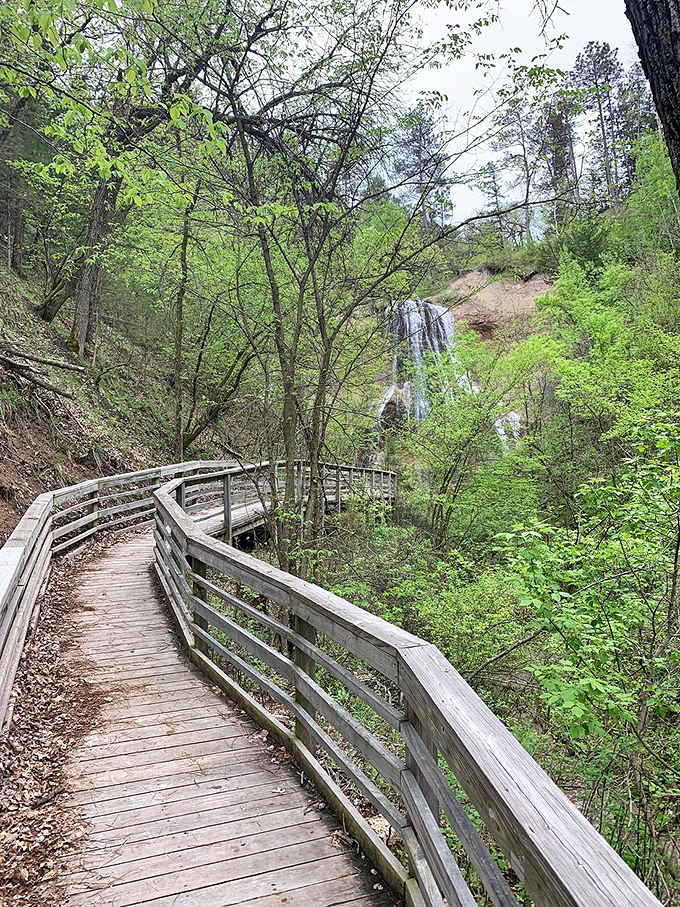 Nature's perfect reveal: The boardwalk curves gently, offering that first breathtaking glimpse of Nebraska's tallest waterfall through the trees.