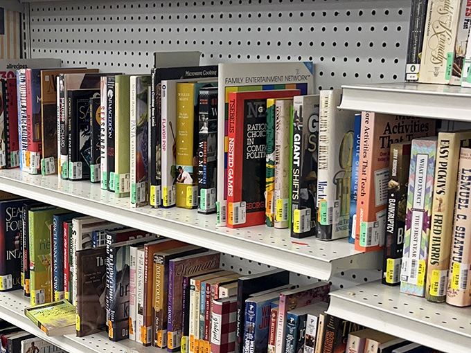 Every book lover's dream shelf, where someone's college textbook becomes your weekend treasure hunt jackpot.