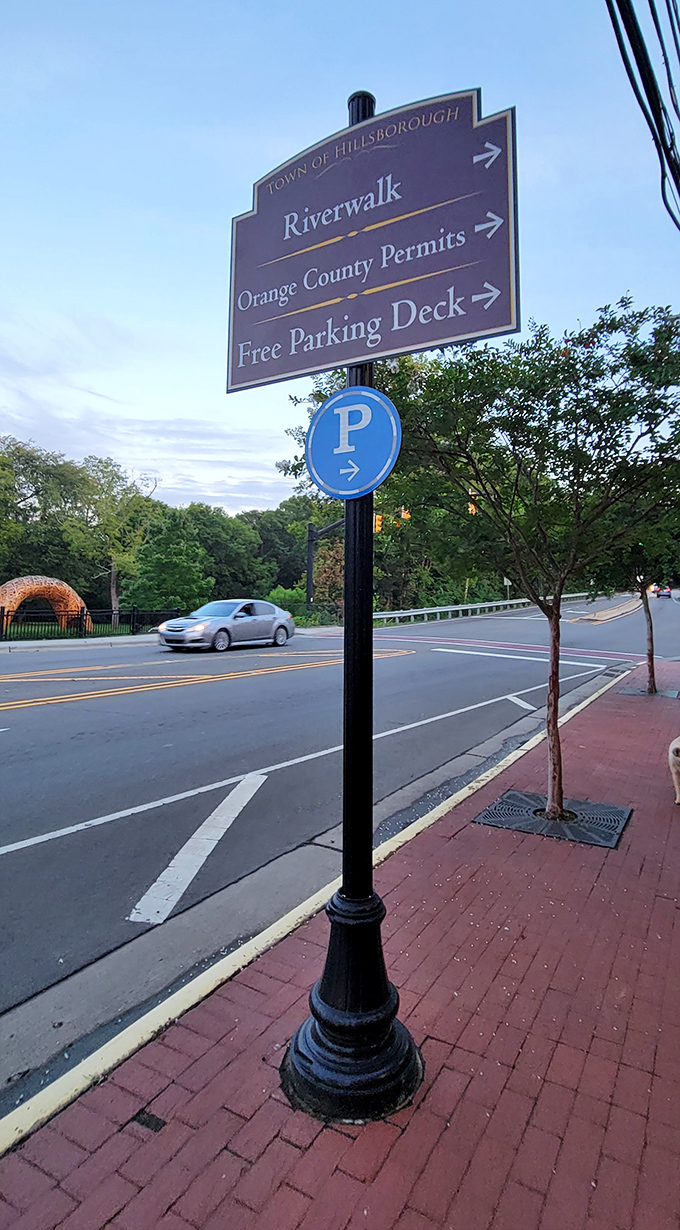 Even the street signs in Hillsborough have character. The Riverwalk awaits just beyond, promising a peaceful escape from... well, what little hustle this town has.
