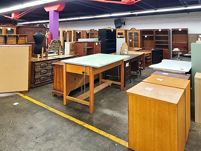 Vintage drafting tables and solid wood cabinets await their second act. One designer's castoff becomes another's conversation piece in this furniture wonderland.