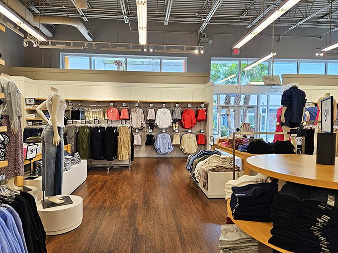 Inside the stores, neatly arranged clothing displays beckon with promises of style upgrades. Like a well-organized closet you wish you had at home.