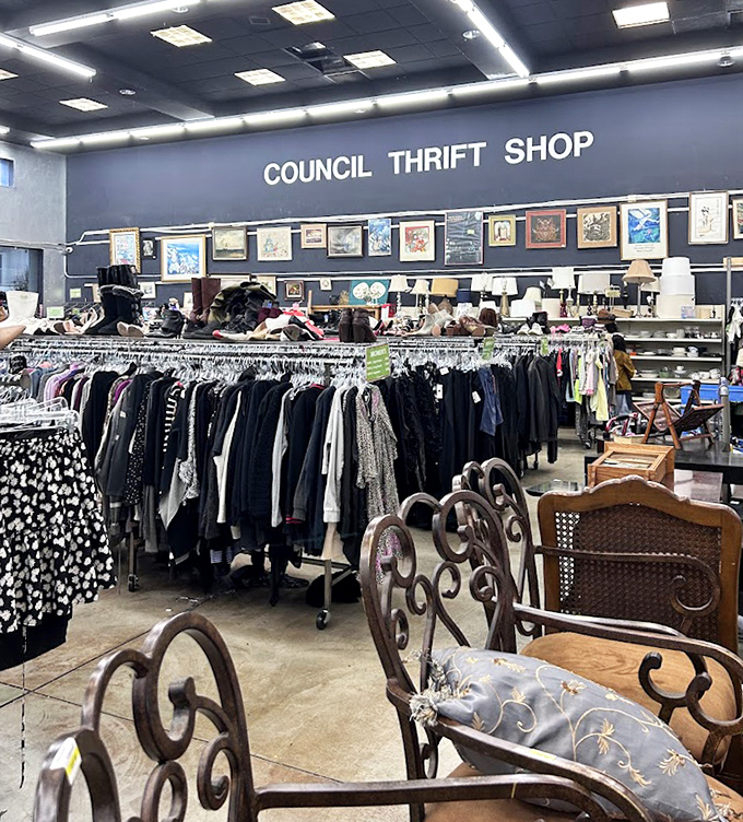 Rack after glorious rack of clothing awaits, with everything from casual wear to elegant evening attire. That wall of framed artwork above? Just a bonus visual feast.