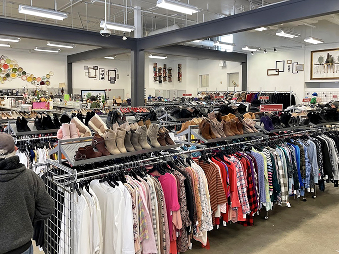 Rack after colorful rack of potential fashion finds await, where yesterday's impulse buys become tomorrow's vintage statement pieces.