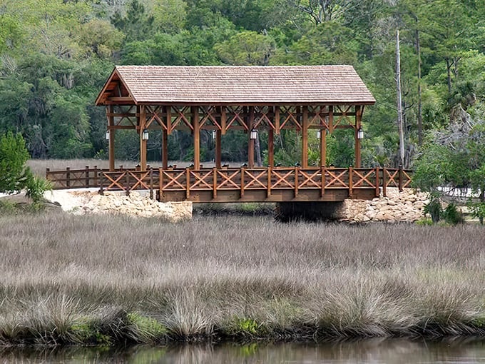 Standing proudly amid salt marshes and coastal grasses, the bridge's wooden craftsmanship feels like a whisper from another century.