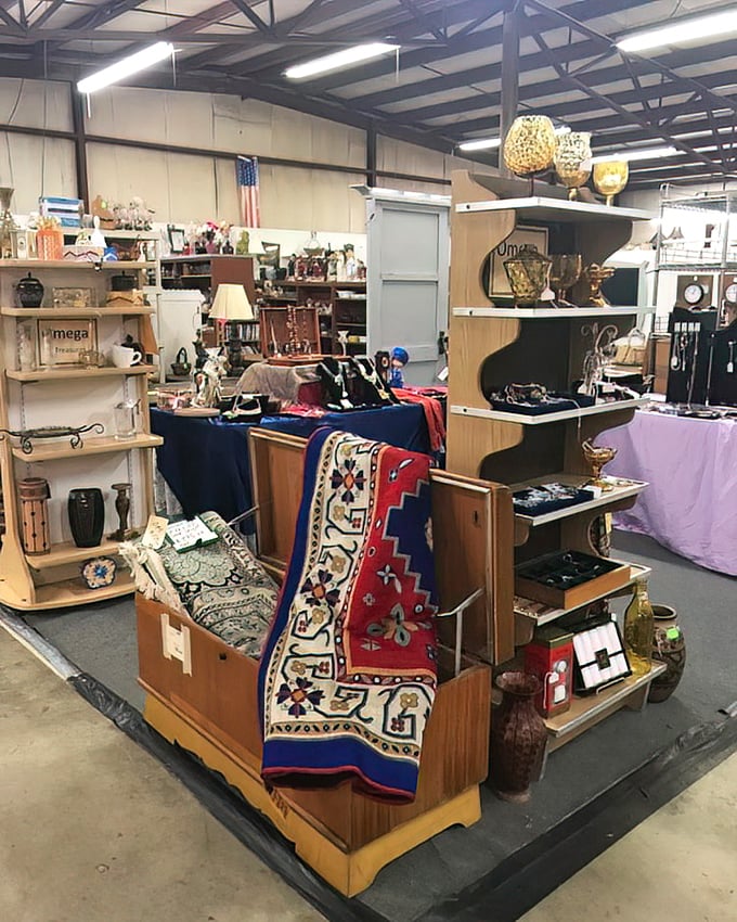 A colorful tapestry draped over wooden furniture creates that "I've stumbled upon something special" moment every flea market enthusiast lives for.