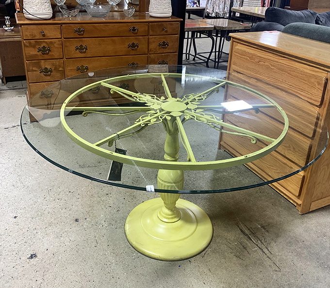 This lime green pedestal table with glass top isn't just furniture&mdash;it's a conversation piece that screams "the '70s called and left something fabulous behind!"