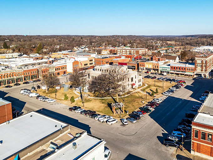 From above, Neosho's courthouse square layout reveals the classic small-town design that urban planners now try desperately to recreate in modern developments.