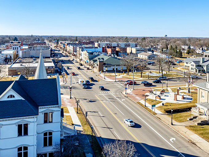 A bird's-eye view of downtown Coldwater reveals a charming grid of affordability, where small-town living meets big-hearted community.