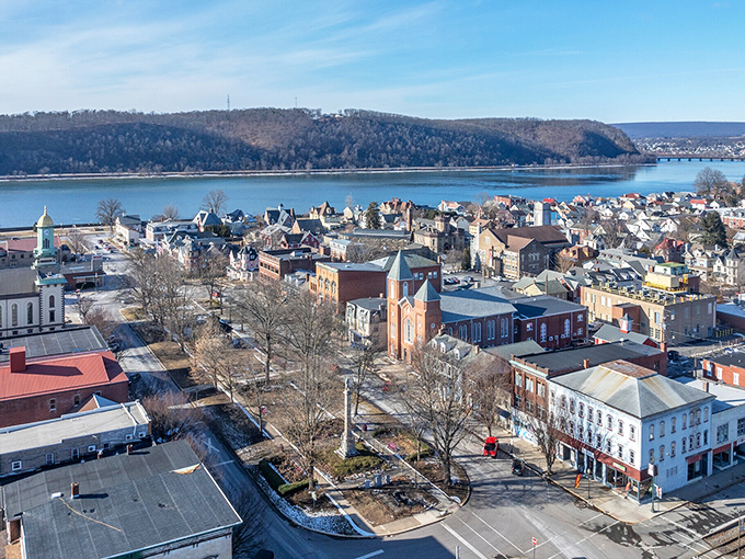From this bird's-eye view, Sunbury reveals its perfect positioning at the Susquehanna's confluence, where historic architecture and natural beauty create an affordable paradise.