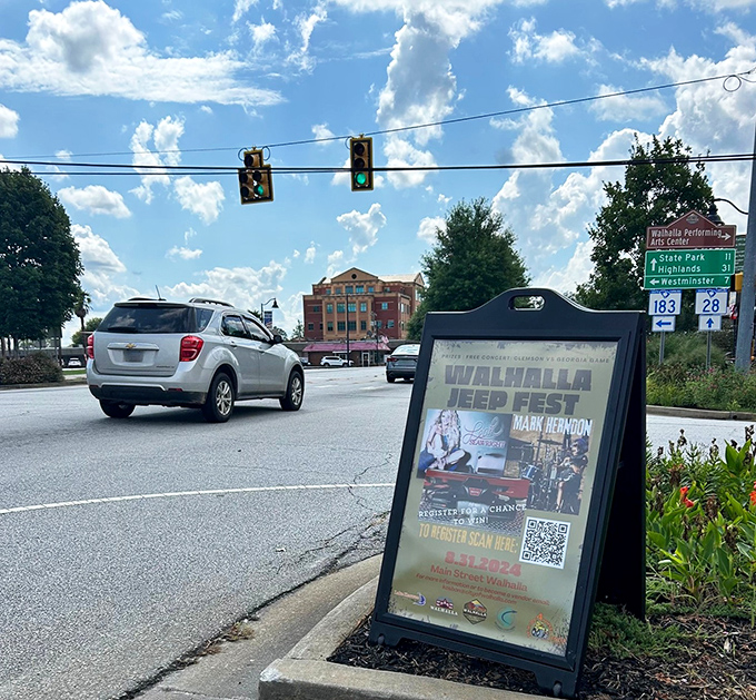 A sign for Walhalla's Feed & Seed concert series hints at the town's surprising cultural pulse beneath those Blue Ridge skies.