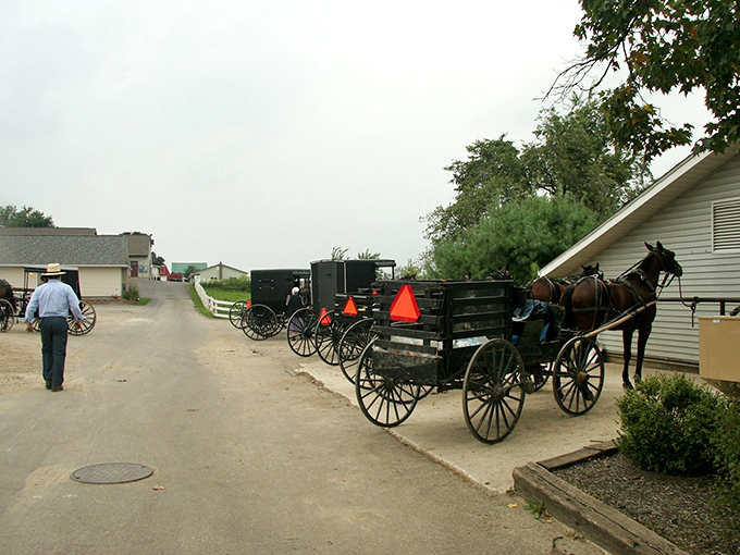 Rush hour in Mount Hope looks a little different. Horse-drawn buggies line the roadside while an Amish man strolls unhurriedly toward his next destination.