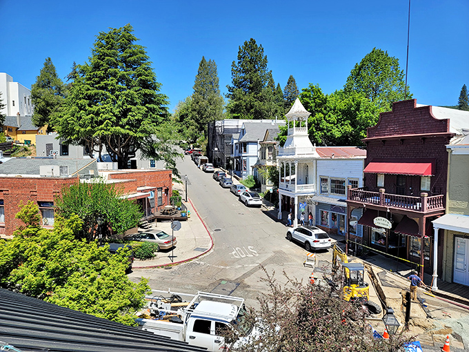 A bird's-eye view of downtown reveals Nevada City's perfect blend of nature and architecture, like a film set waiting for its close-up.