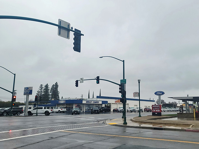 Even on rainy days, Gridley's practical downtown keeps things simple with essential businesses that won't drain your Social Security check.