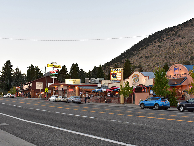 Main Street Lee Vining at golden hour &ndash; where every storefront tells a story and the mountains keep watch.