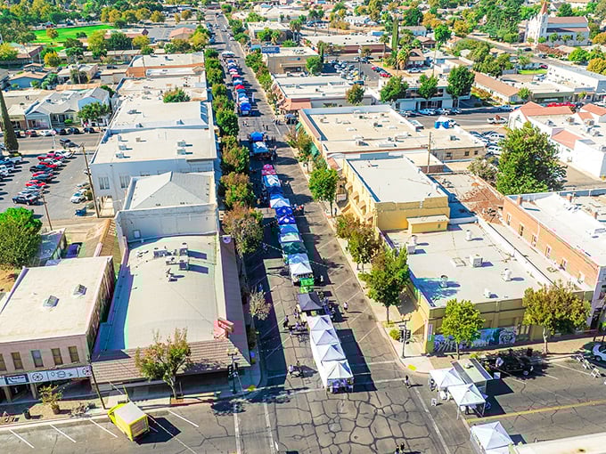 Downtown Los Banos from above reveals a compact, walkable city center where locals gather for weekend markets and community celebrations.