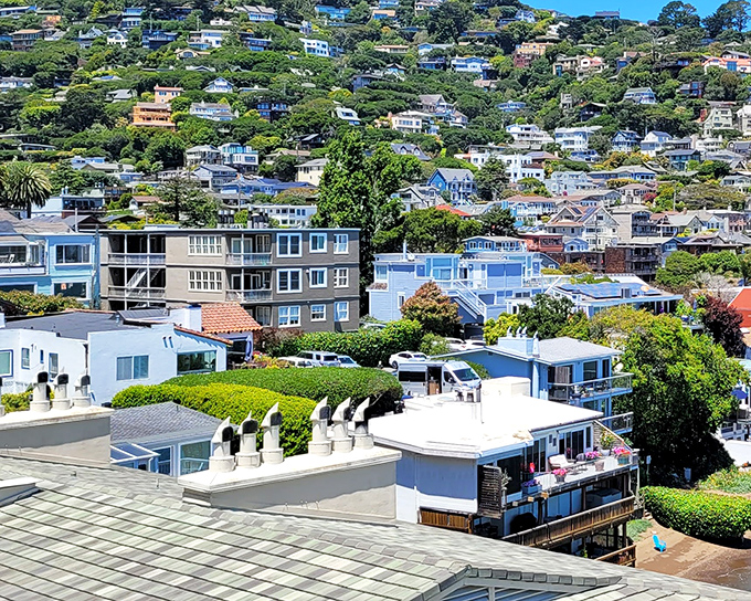 Houses stacked like colorful building blocks against the hillside – Sausalito's version of a Mediterranean postcard come to life.