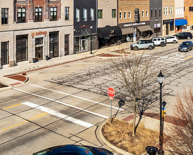 From above, Mattoon's downtown grid reveals itself as a perfectly planned small-town tableau where parking spots outnumber traffic jams.