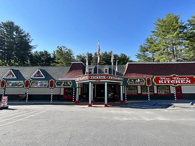 The candy-cane striped entrance announces loud and clear: logic ends here, Christmas magic begins now.