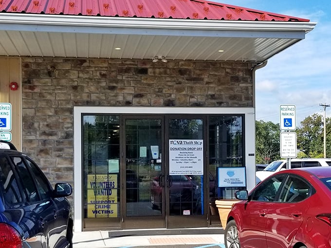 "Volunteers Wanted" signs hint at the community spirit powering this thrifting paradise. Every great find starts at these doors.
