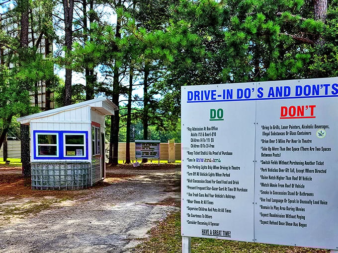 The drive-in rulebook: a charming reminder that even nostalgic experiences need a few guidelines. No honking during the scary parts!