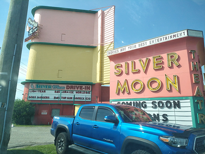 That iconic pastel marquee stands as a beacon to both movie lovers and bargain hunters—a rare two-for-one Florida landmark worth the drive.