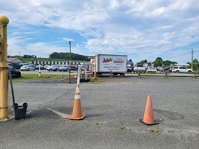 The entrance to adventure! Cars fill the lot as shoppers prepare for a day of discoveries under the beautiful Berks County sky.