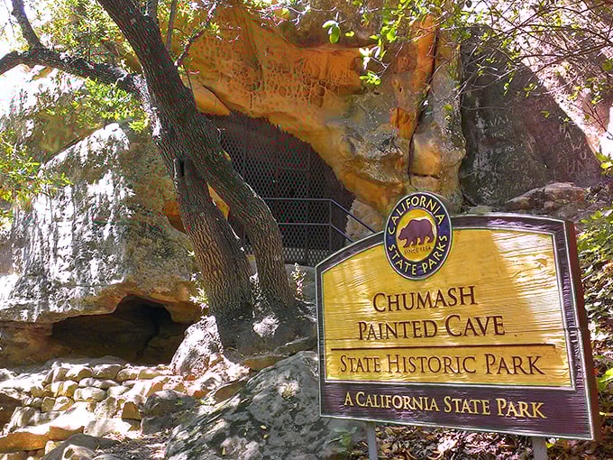 Nature's art gallery meets human history&mdash;this unassuming state park sign stands sentinel at one of California's most significant archaeological treasures.