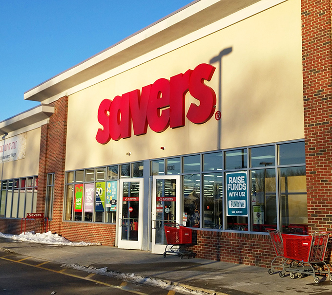 Bold red letters against cream-colored walls &ndash; the retail equivalent of a dinner bell calling thrifters to the table of affordable finds.