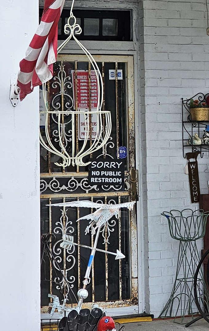 Vintage garden elements and patriotic flair welcome visitors at the entrance. That ornate metal screen door? It's practically begging you to step into yesterday.