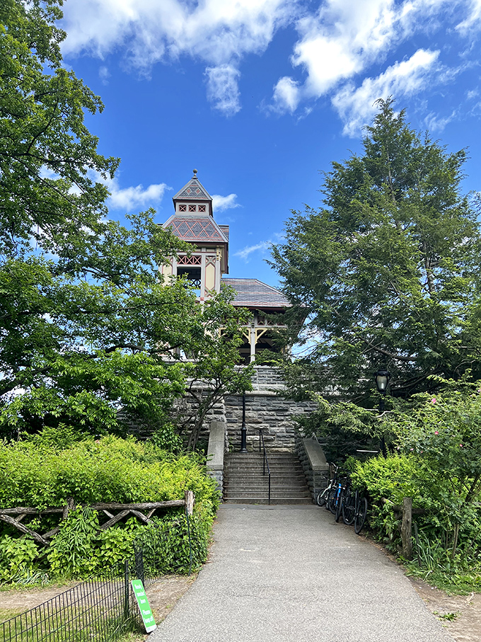 The winding path to magic. Stone steps flanked by lush greenery lead visitors up to this hidden gem, where city life feels wonderfully distant.