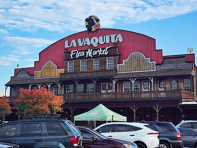 Autumn colors frame this Western-style marketplace, where the distinctive cow logo serves as a beacon for treasure hunters from across the state.