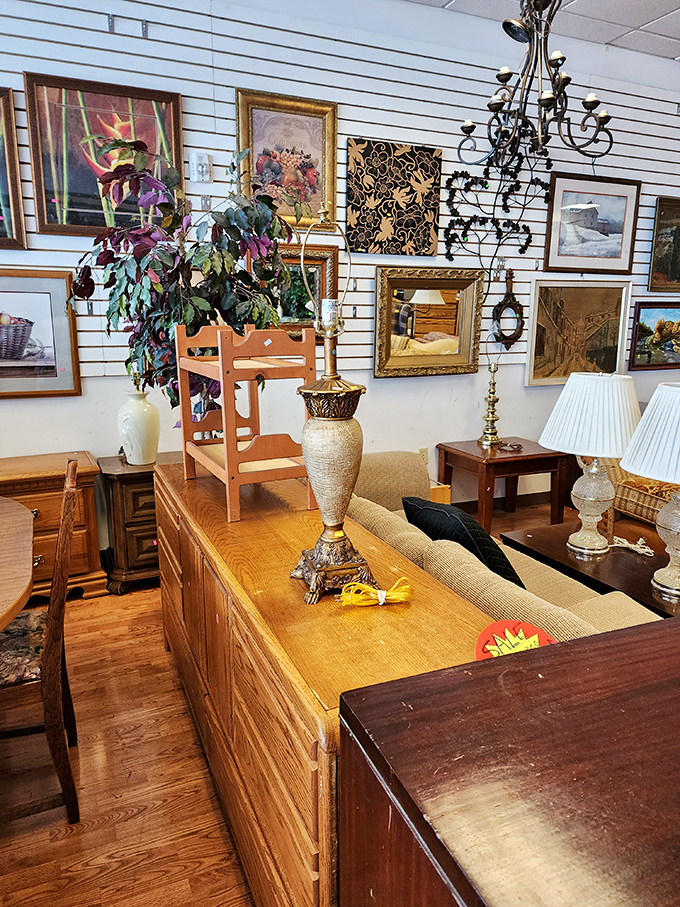 A gallery wall of forgotten masterpieces hovers above furniture with stories to tell&mdash;each frame awaiting its forever home.