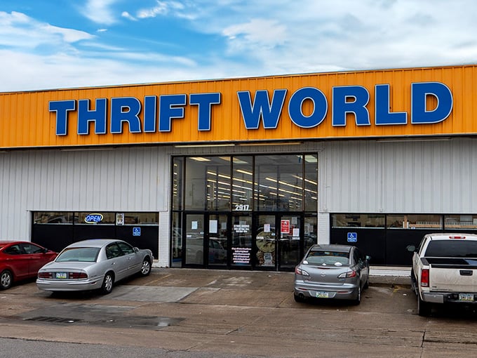 Daylight reveals the full glory of Thrift World's exterior, where everyday cars park outside what might be Iowa's most democratic shopping experience. 