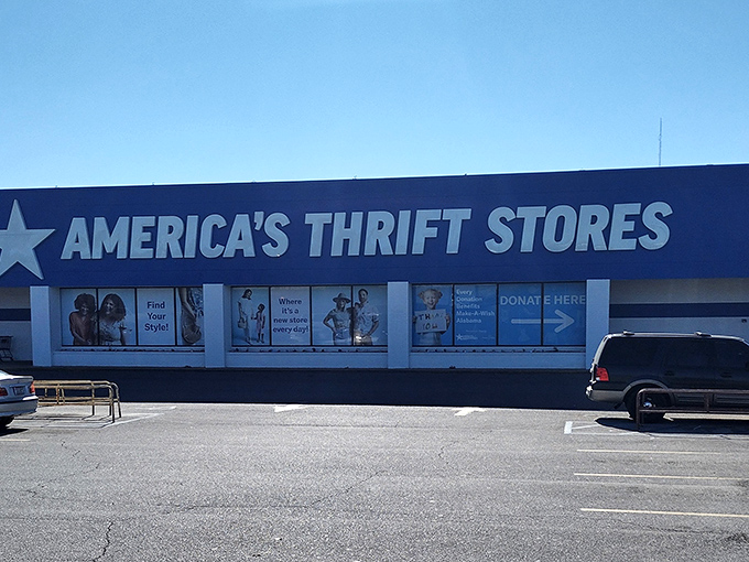 "DONATE HERE" signs welcome both shoppers and contributors. The cycle of giving and finding continues daily at this community hub.