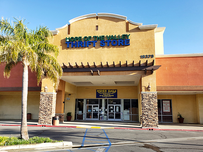 Palm trees and promises of "HUGE SALE" welcome you to this thrifter's paradise, where one person's castoffs become another's conversation pieces.