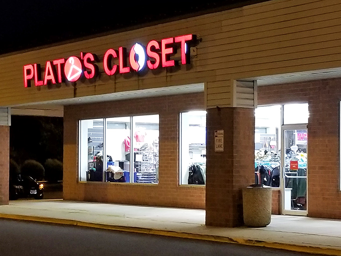 Even after hours, the glow of Plato's Closet promises tomorrow's treasure hunt will be just as rewarding as today's.