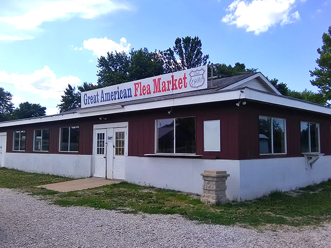 Blue skies and bargain dreams await at this red-sided wonderland. The modest building houses generations of memories waiting for new homes.