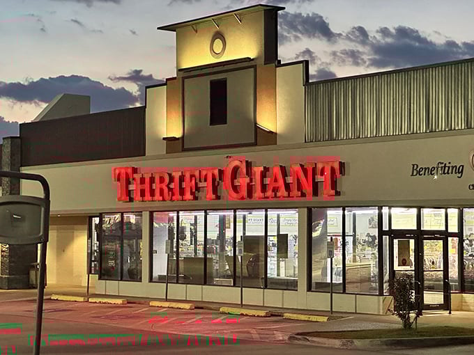 As dusk settles, Thrift Giant's illuminated storefront transforms into a beacon of bargain possibilities that would make any dedicated thrifter's heart skip a beat.