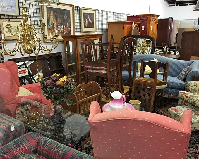Furniture heaven or organized chaos? Either way, that pink dotted armchair is calling your name louder than your grandmother at Sunday dinner.