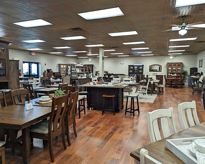 Handcrafted wooden tables and chairs await new homes, each piece telling stories of family dinners and lively conversations from decades past.