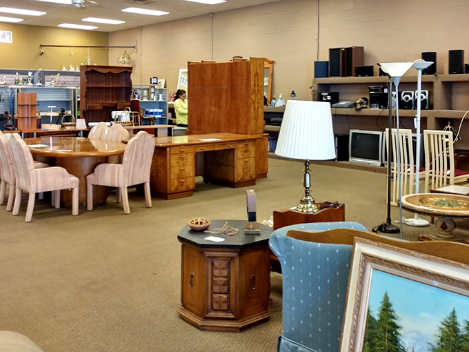 Mid-century modern meets "your grandmother's living room" in the furniture section, where solid wood pieces with stories to tell await their next chapter.