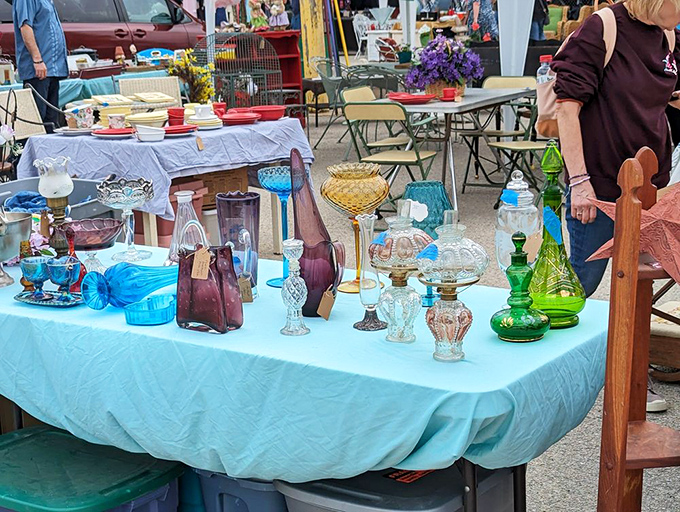 Colorful vintage glassware catches the light and your imagination&mdash;each piece whispering stories of dinner parties and special occasions from decades past.